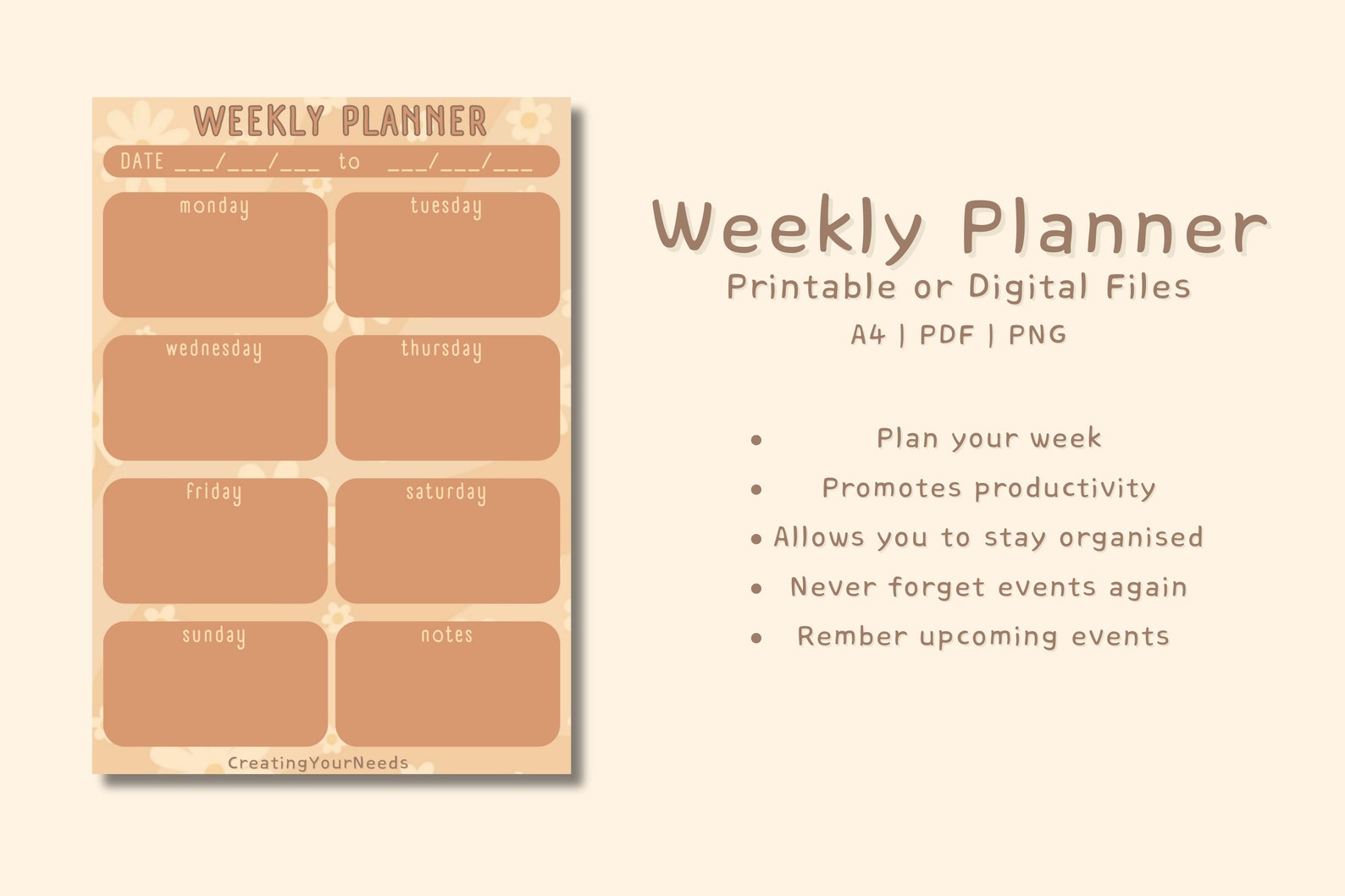 Brown Floral Daily Planner Printable Planner Digital Planner Cute ...