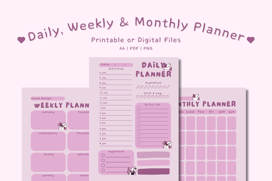 Cat Planners Printable Planner Digital Planner Purple Diary Organiser ...