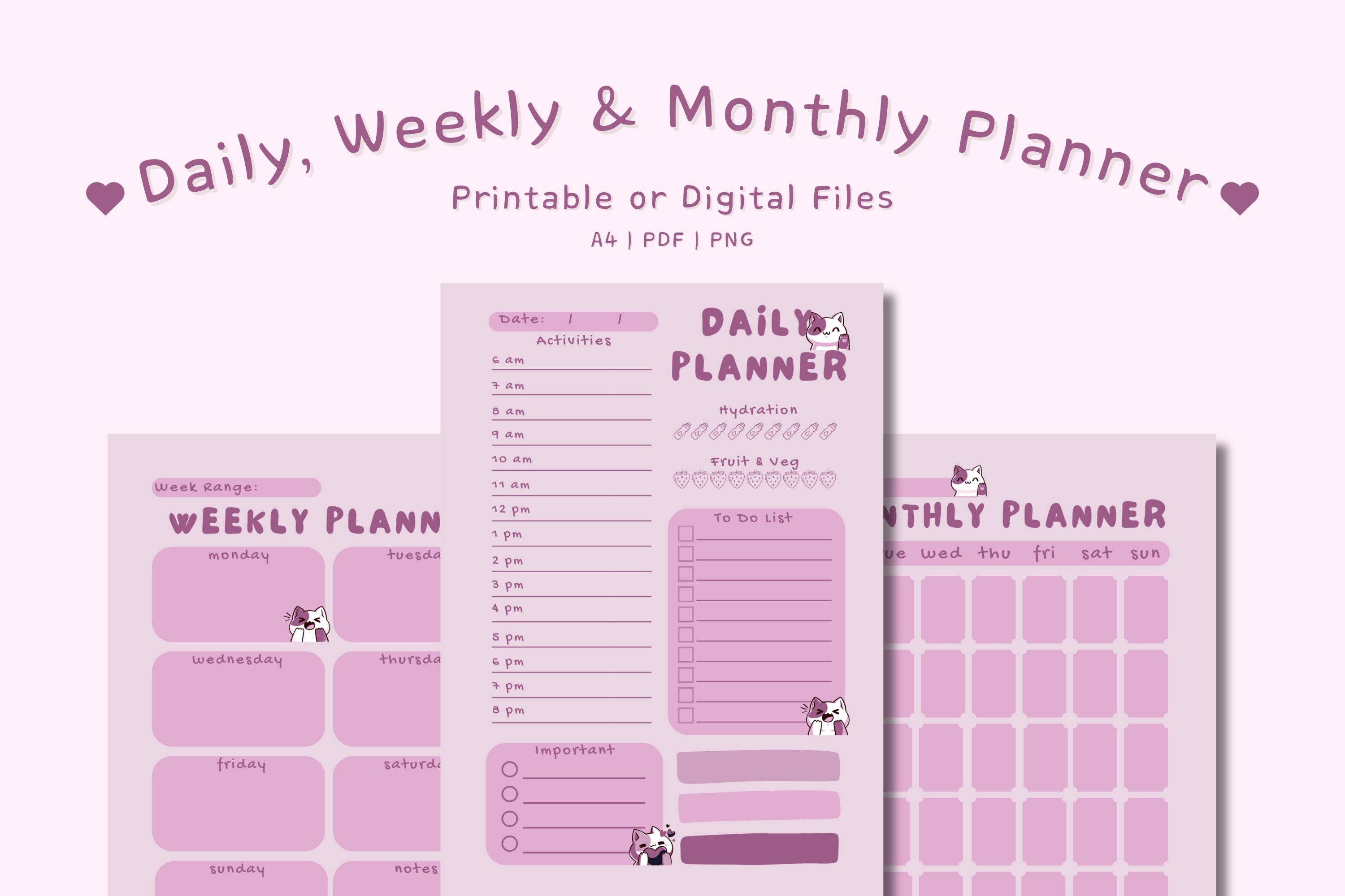 Cat Planners Printable Planner Digital Planner Purple Diary Organiser ...