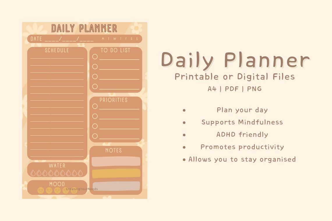 Brown Floral Daily Planner Printable Planner Digital Planner Cute ...