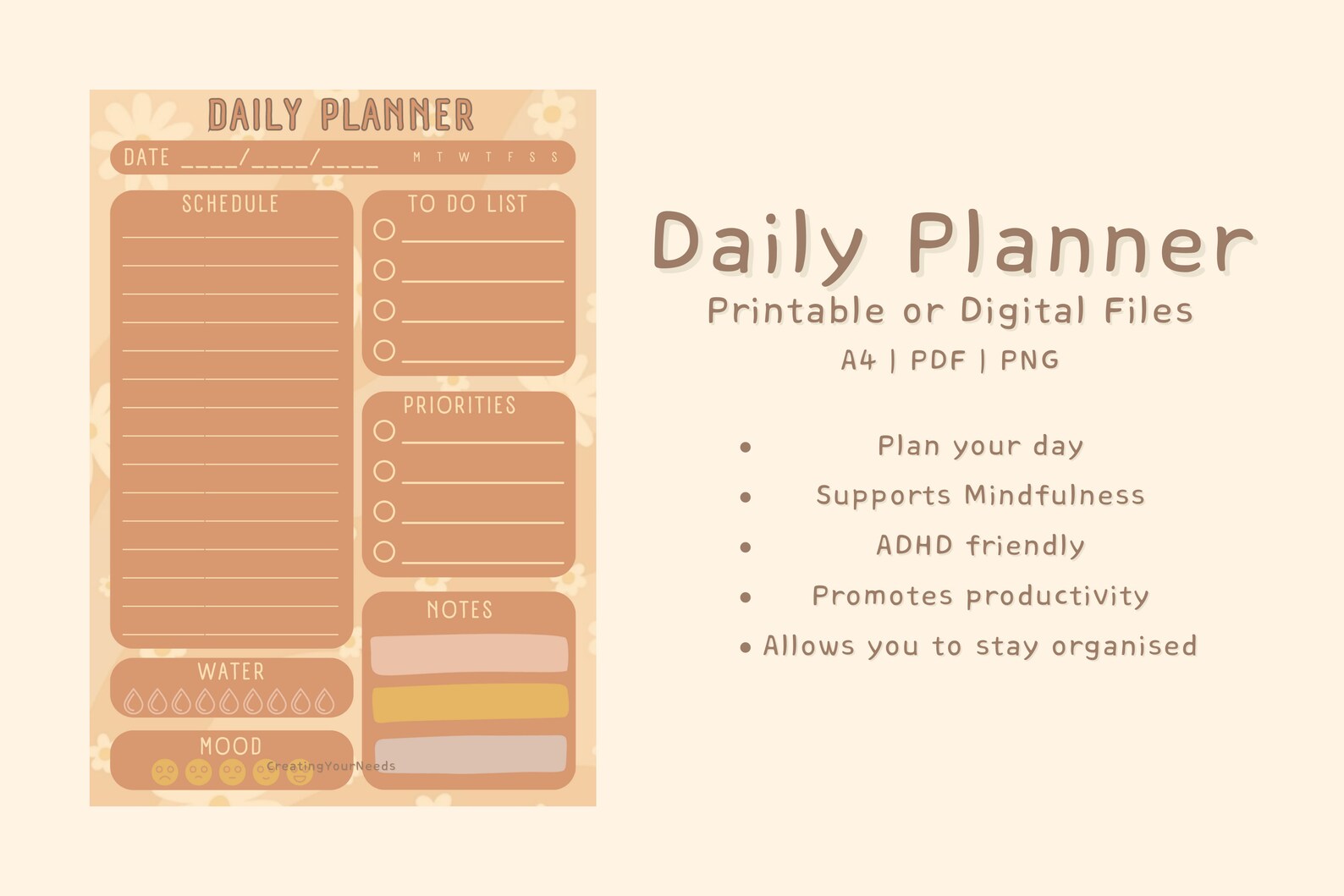 Brown Floral Daily Planner Printable Planner Digital Planner Cute ...