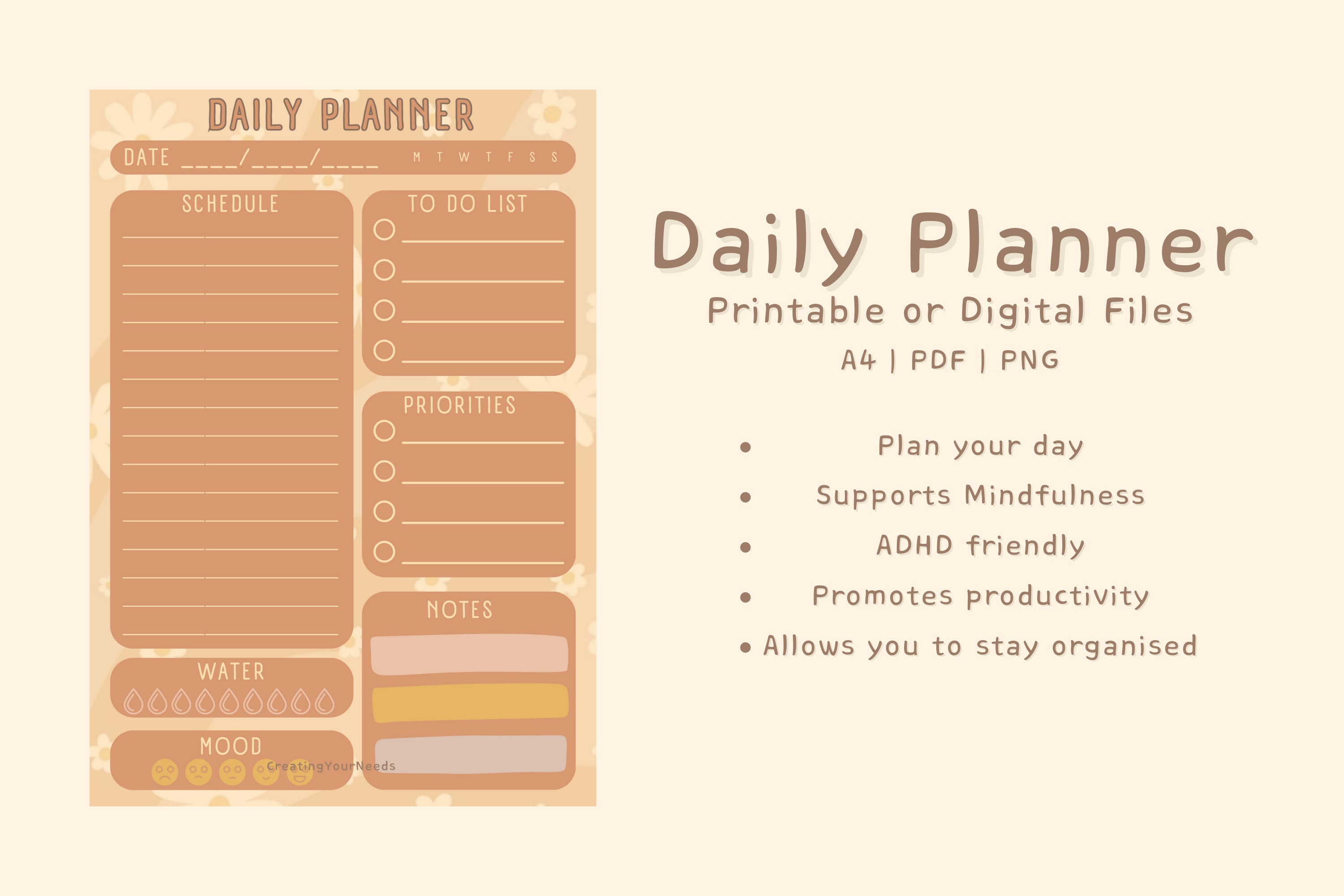 Brown Floral Daily Planner Printable Planner Digital Planner Cute ...
