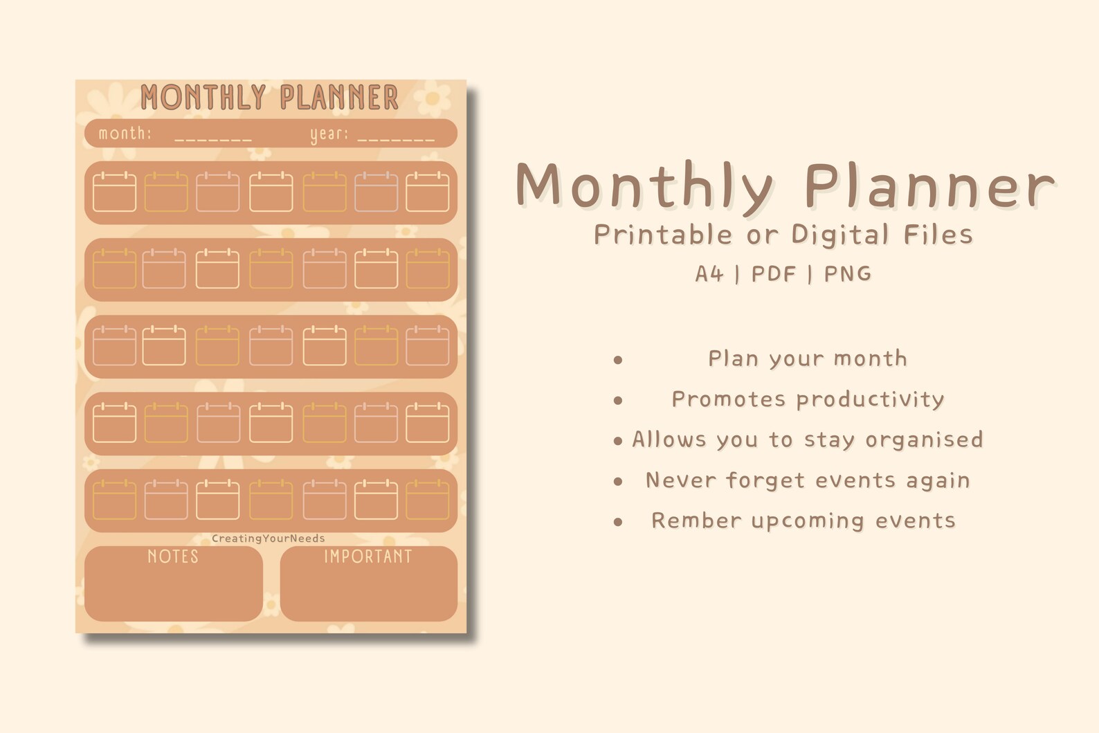 Brown Floral Daily Planner Printable Planner Digital Planner Cute ...