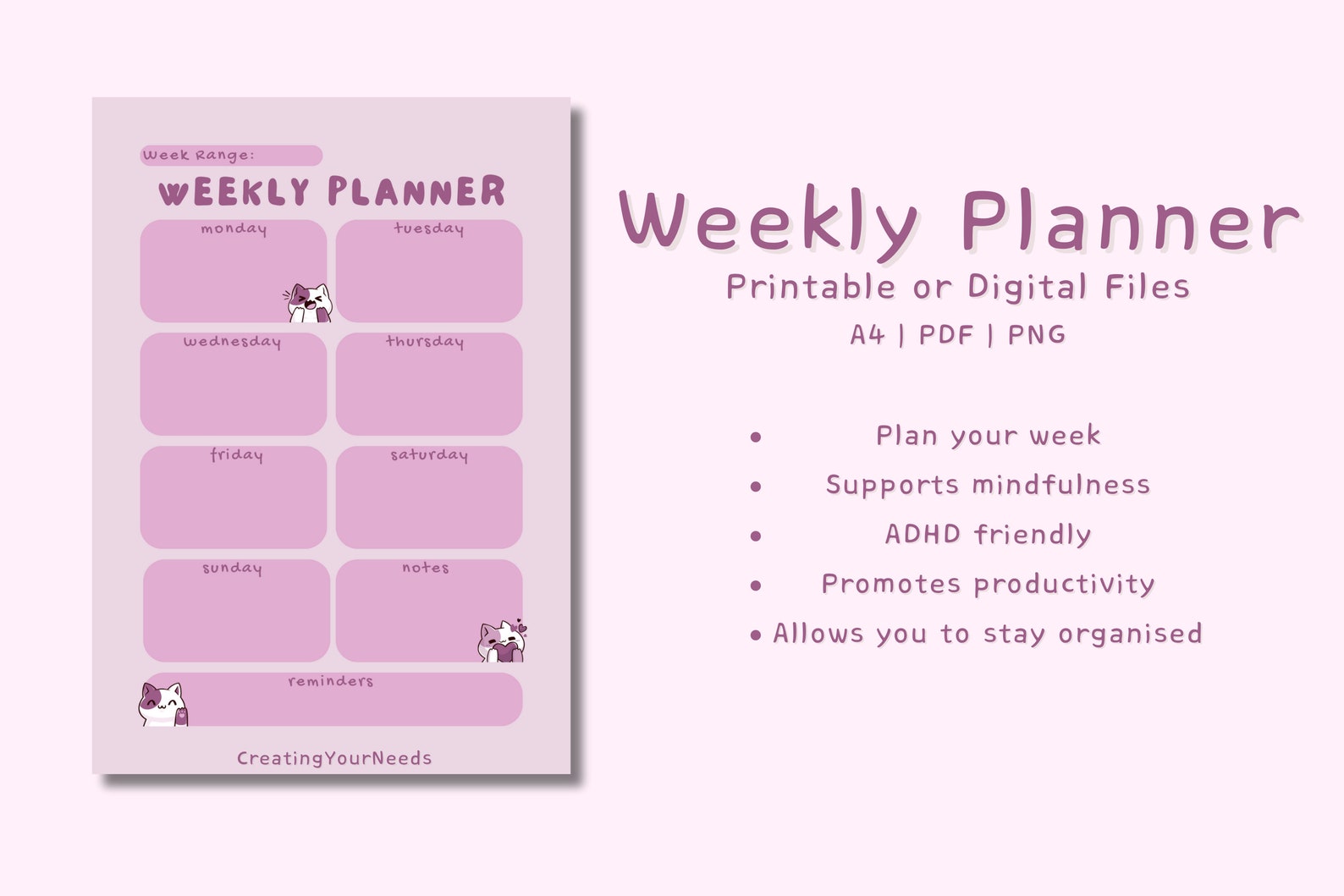 Cat Planners Printable Planner Digital Planner Purple Diary Organiser ...