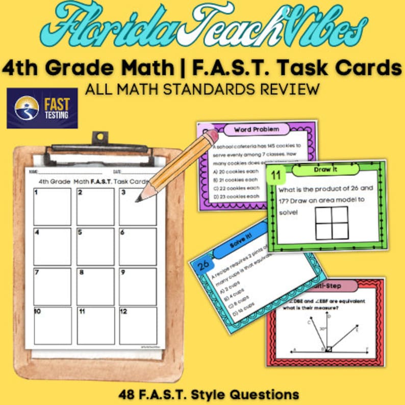 Fourth Grade F.A.S.T. Test Prep: Math Spiral Review ALL STANDARDS Task ...