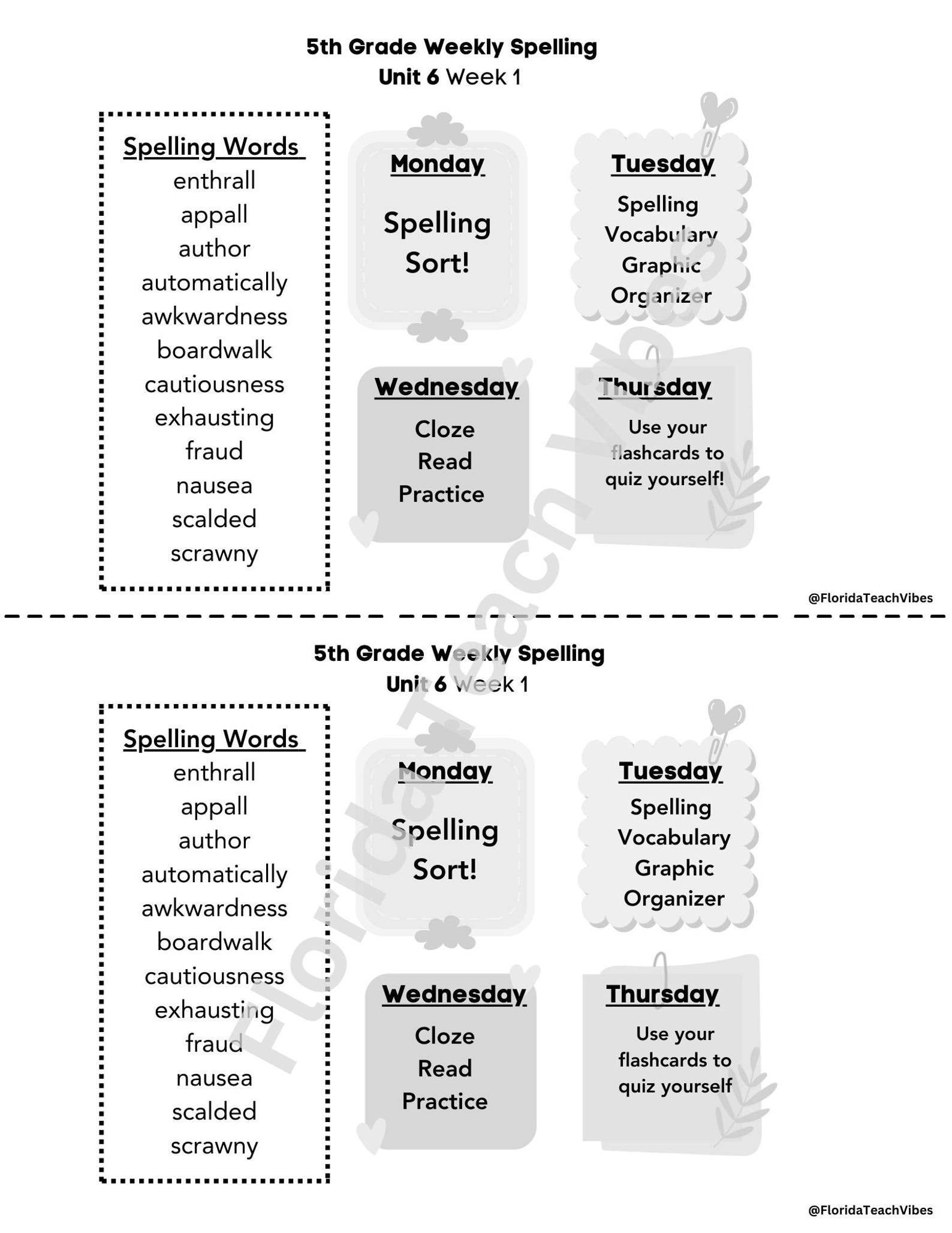 Florida Benchmark Advanced Unit 6 | 5th Grade Spelling Weekly ...