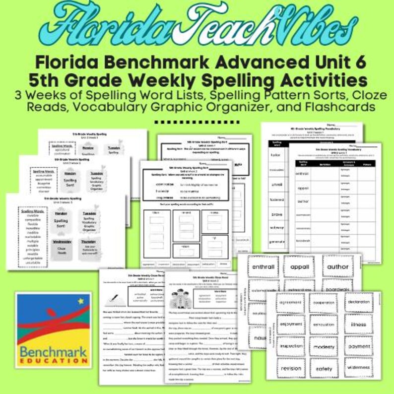 Florida Benchmark Advanced Unit 6 | 5th Grade Spelling Weekly ...