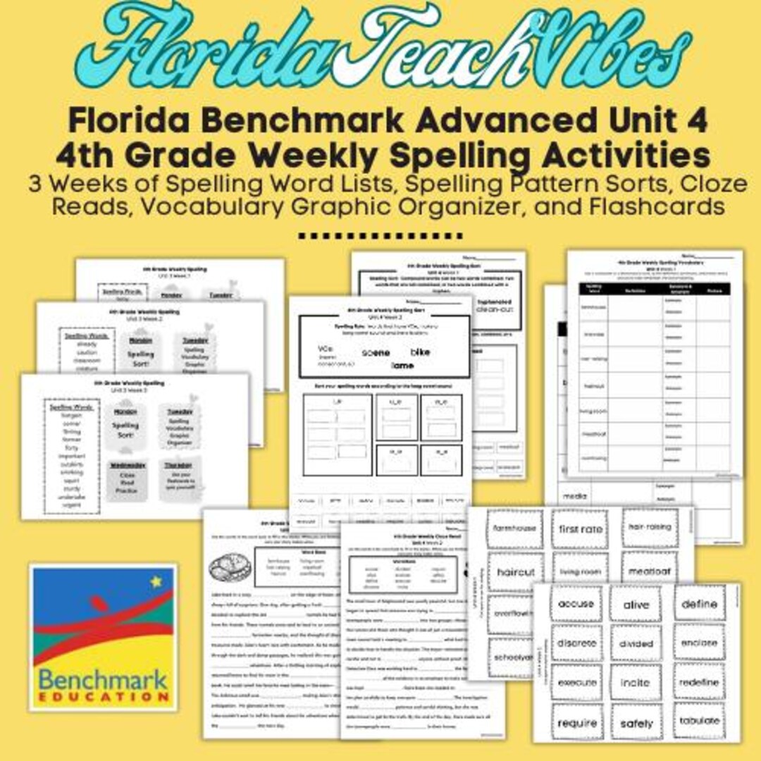 Florida Benchmark Advanced Unit 4 | 4th Grade Spelling Weekly ...