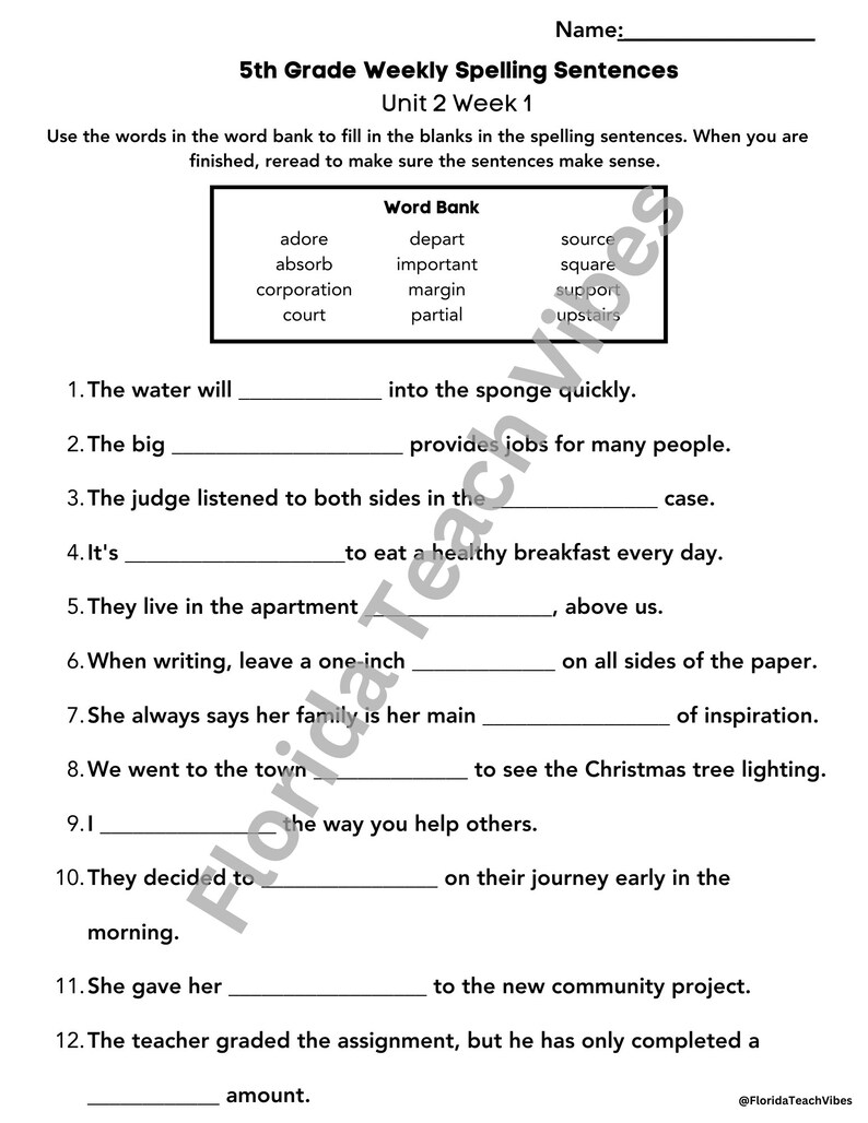 Florida Benchmark Advanced Unit 2 | 5th Grade Spelling Weekly ...
