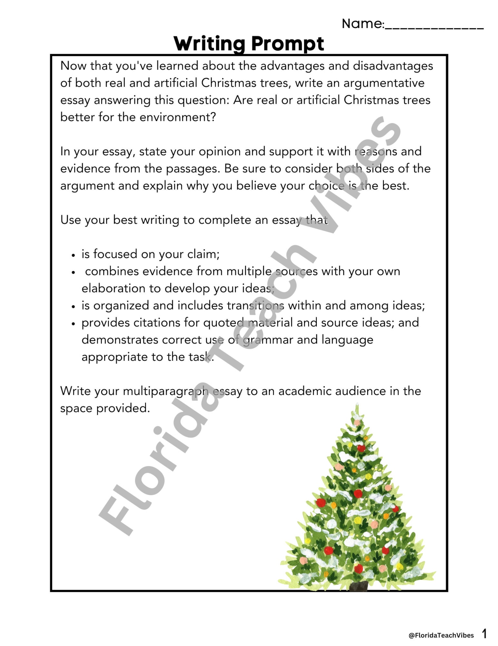 4th and 5th Christmas Tree Opinion Essay & Rubric | B.E.S.T. Text-based ...