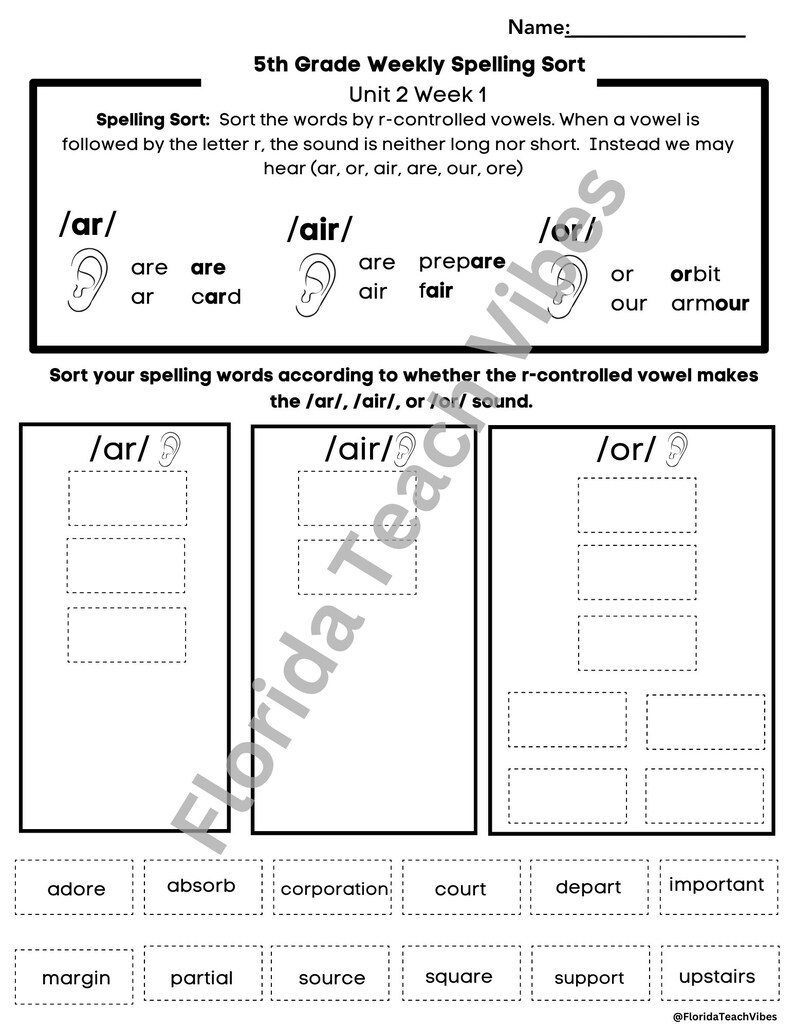 Florida Benchmark Advanced Unit 2 5th Grade Spelling Weekly Activities ...