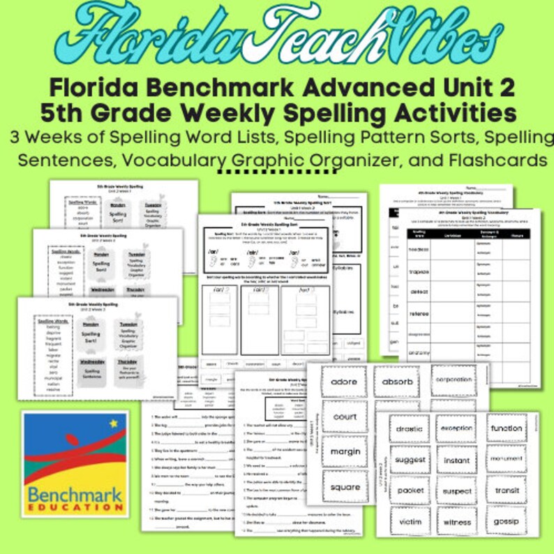 Florida Benchmark Advanced Unit 2 | 5th Grade Spelling Weekly ...
