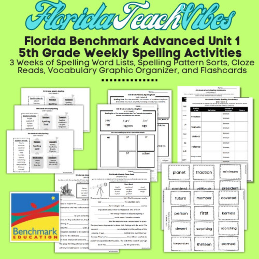 Florida Benchmark Advanced Unit 1 | 5th Grade Spelling Weekly ...