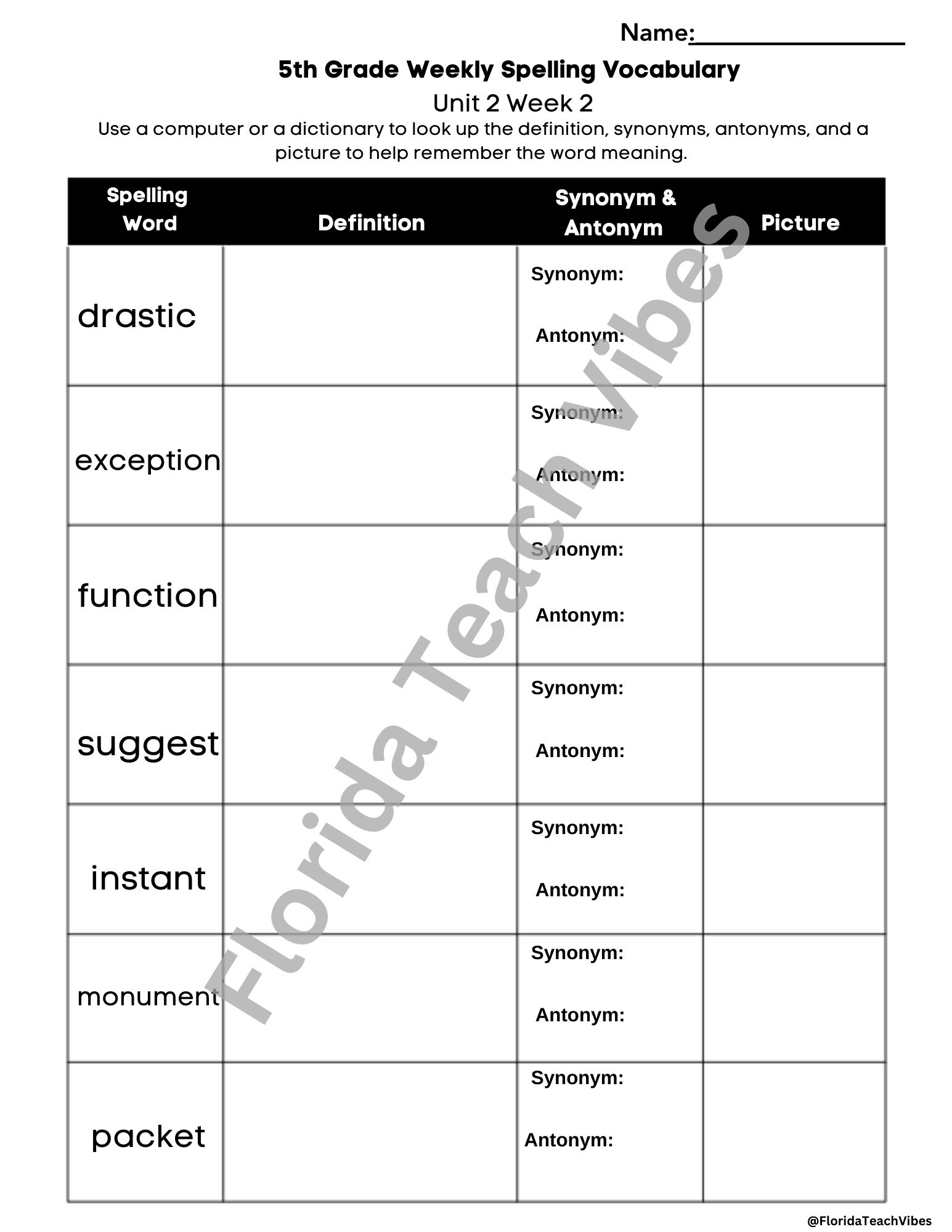 Florida Benchmark Advanced Unit 2 | 5th Grade Spelling Weekly ...