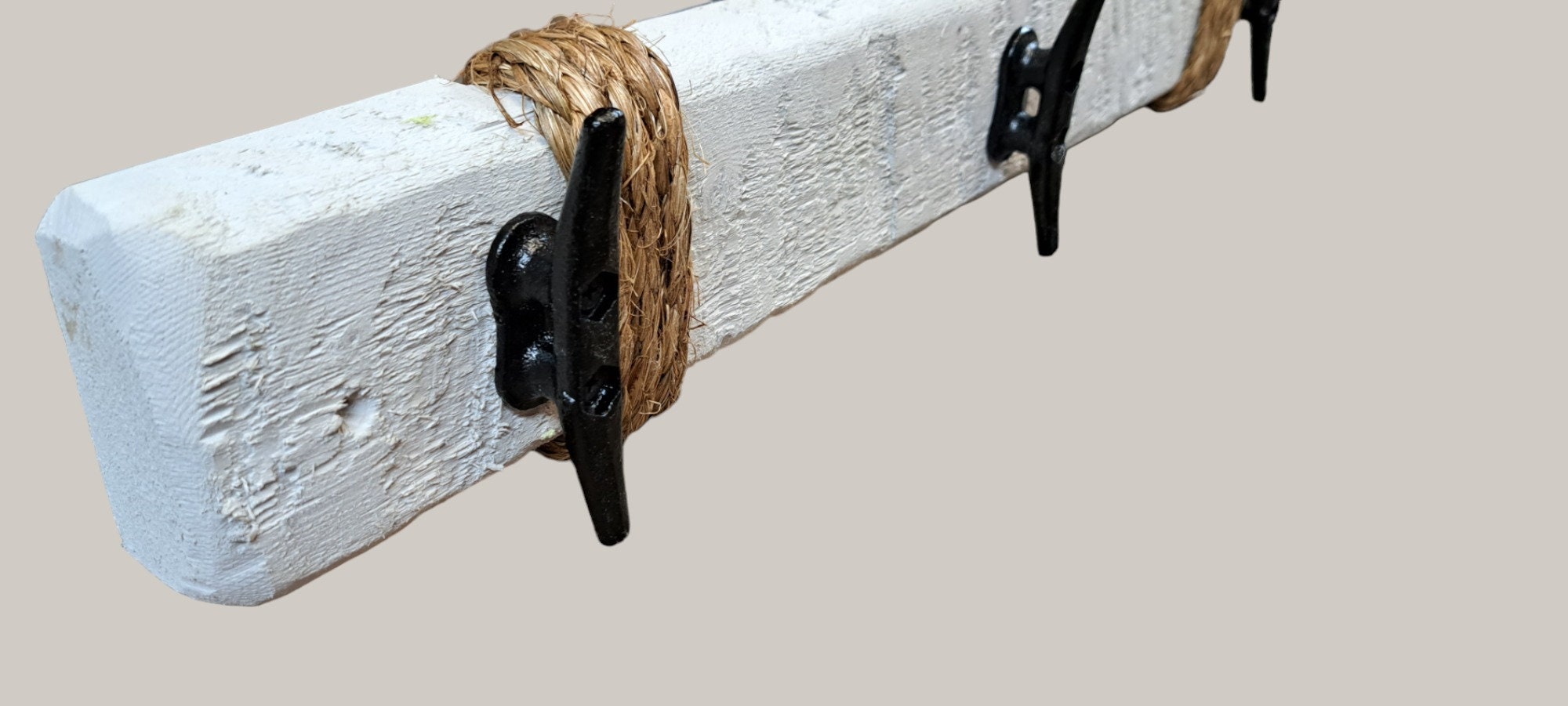 Whitewashed Nautical Towel or Coat Rack With Boat Dock Cleat Wall Hooks ...