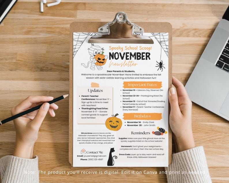 November School Newsletter Template Halloween Theme, Printable Monthly ...