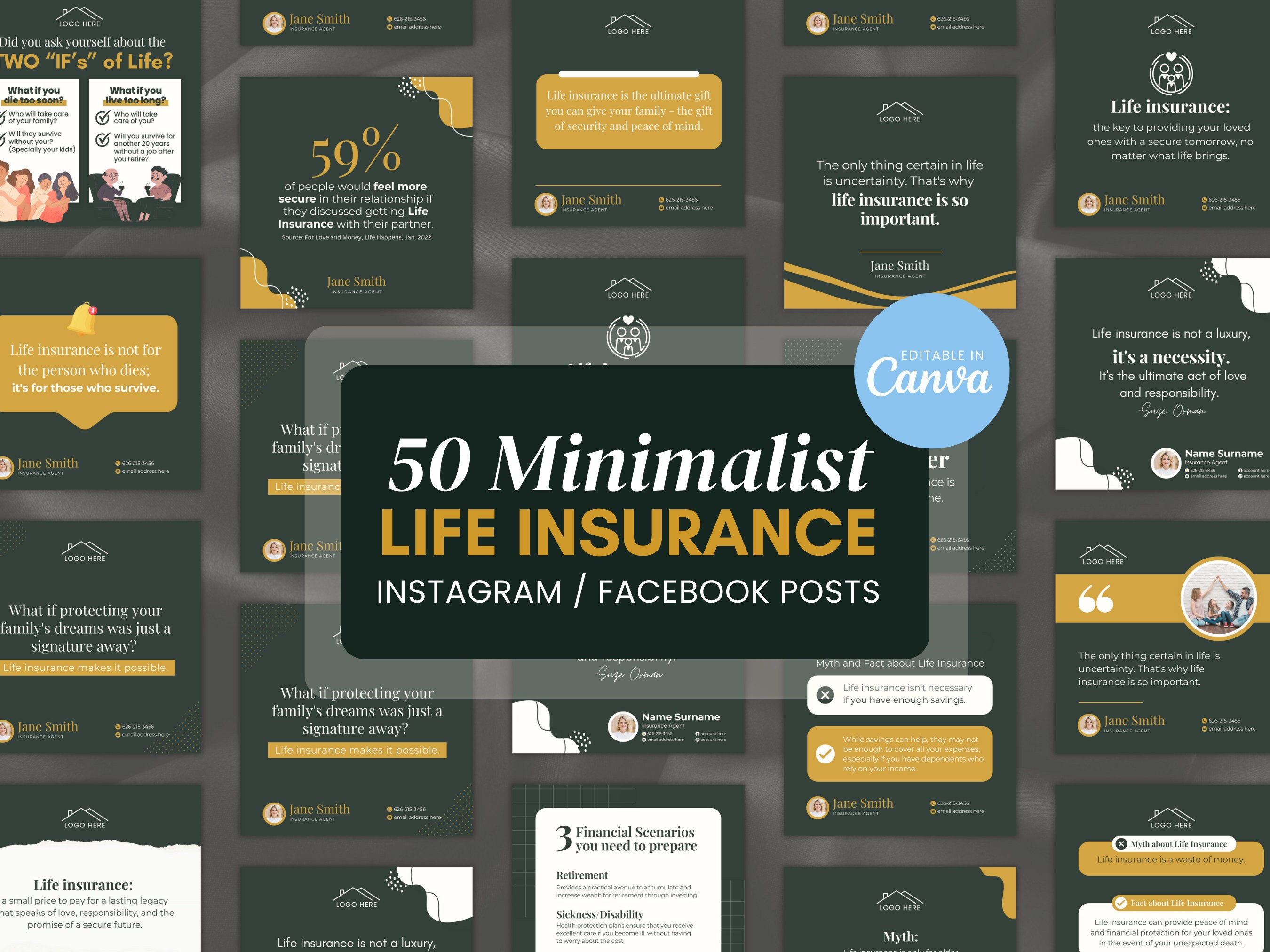 Life Insurance Agent Social Media Canva Template Package, Editable ...