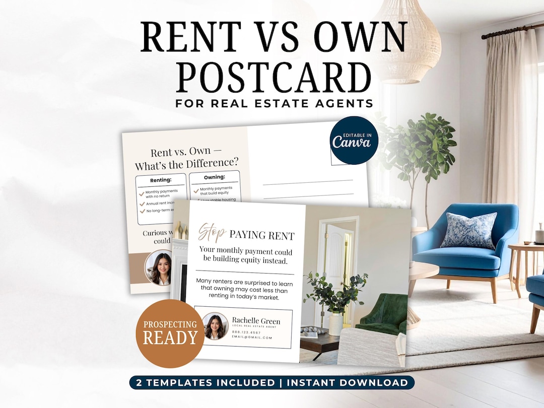Rent Vs Own Real Estate Postcard Bundle, Canva Template for Realtors ...