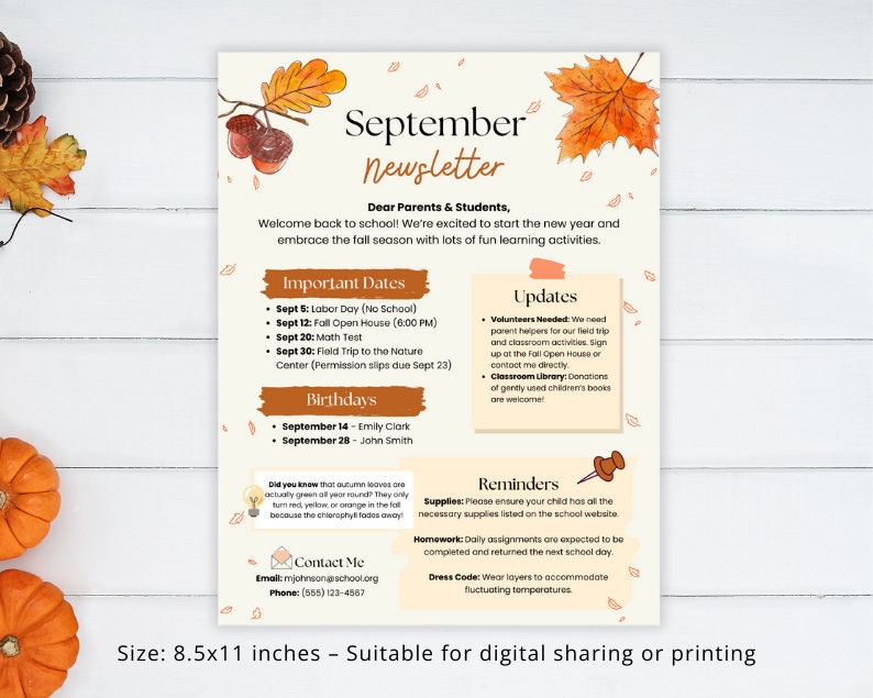 September School Newsletter Template Fall Theme, Printable Monthly ...