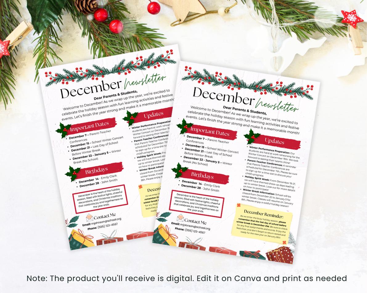 December School Newsletter Template for Daycare Christmas Theme ...