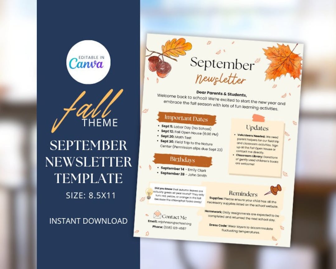 September School Newsletter Template Fall Theme, Printable Monthly ...