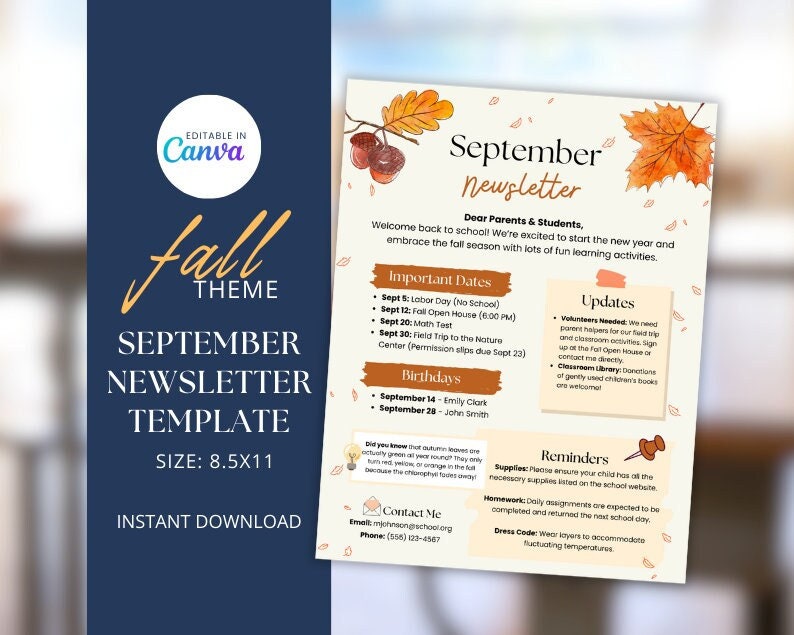 September School Newsletter Template Fall Theme, Printable Monthly ...