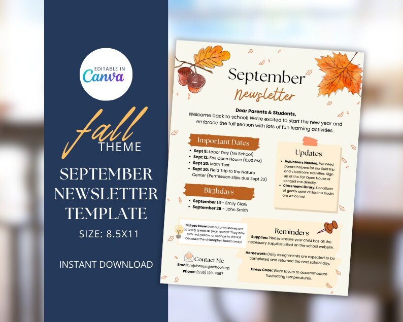 September School Newsletter Template Fall Theme, Printable Monthly ...