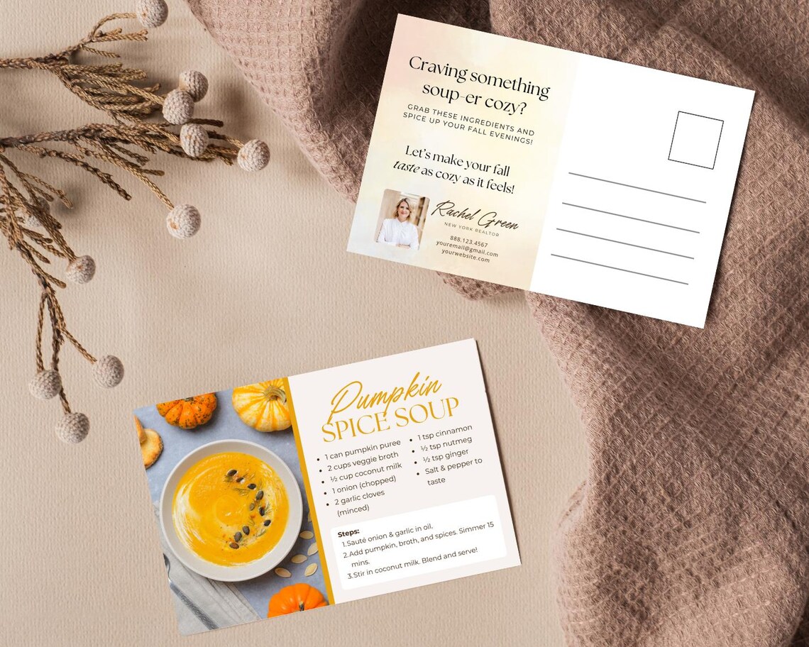 Fall Recipe and Realtor Prospecting Postcards, Thanksgiving, Fall ...