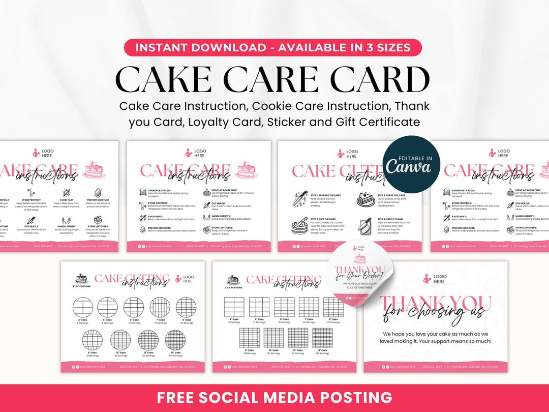 Editable Cake Care Card, Cake Business Template Bundle, Home Bakery ...