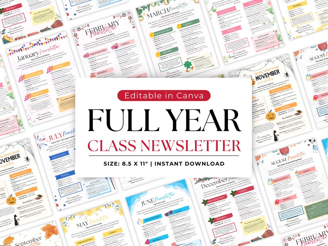 12 Month Teacher Newsletter Templates, Editable Canva Newsletter for ...