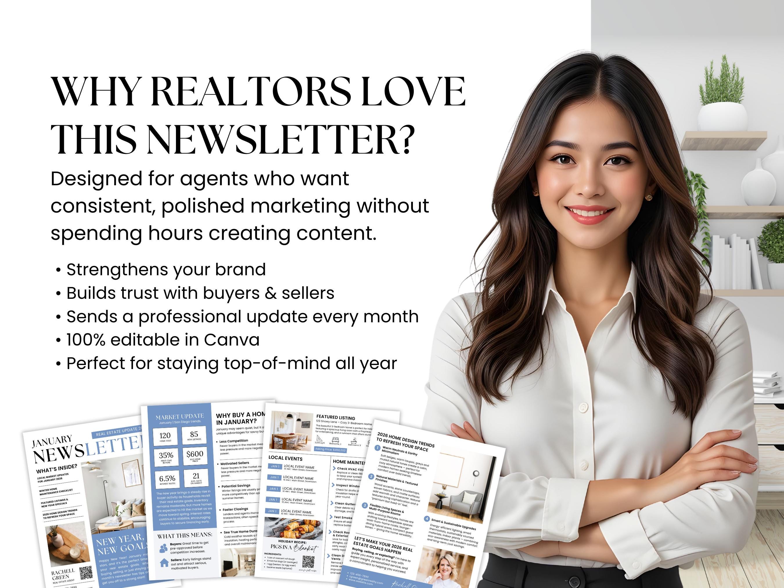 2026 Real Estate Newsletter Template Bundle, Year Long Editable Canva ...