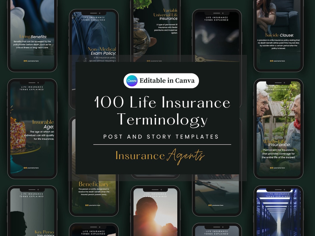 100 Life Insurance Terms Canva Template for Life Insurance Agent ...