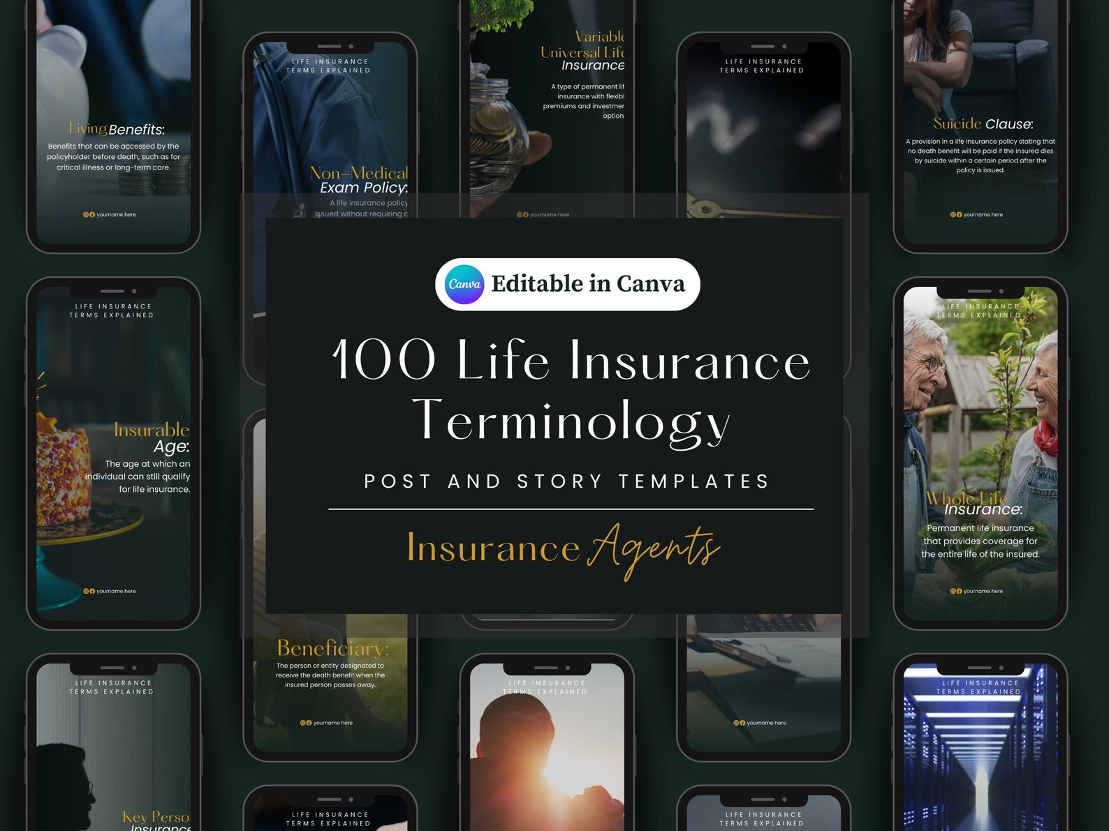 100 Life Insurance Terms Canva Template for Life Insurance Agent ...