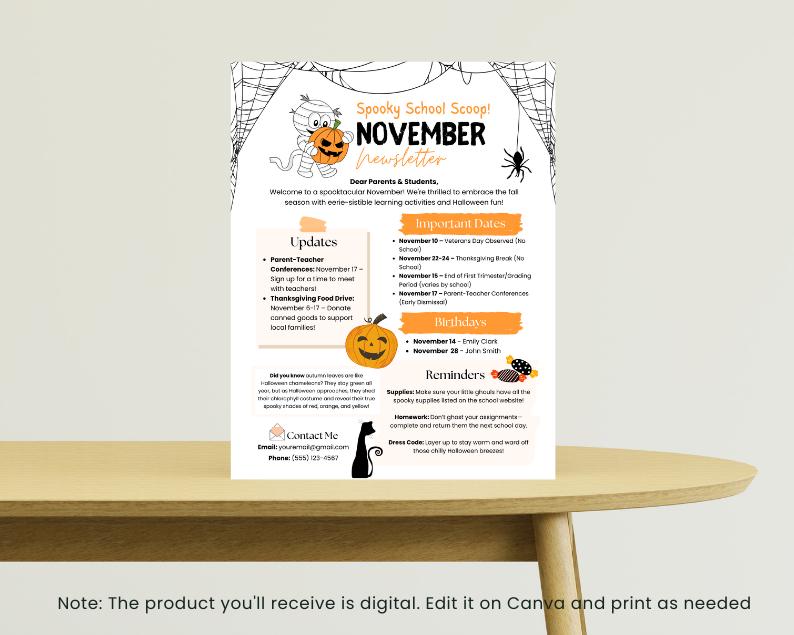 November School Newsletter Template Halloween Theme, Printable Monthly ...