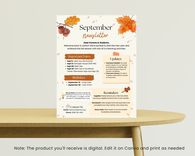 September School Newsletter Template Fall Theme, Printable Monthly ...