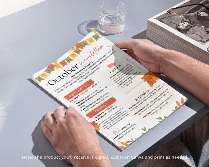 October School Newsletter Template Fall Theme, Printable Monthly ...