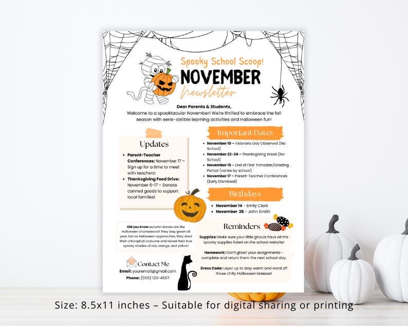 November School Newsletter Template Halloween Theme, Printable Monthly ...