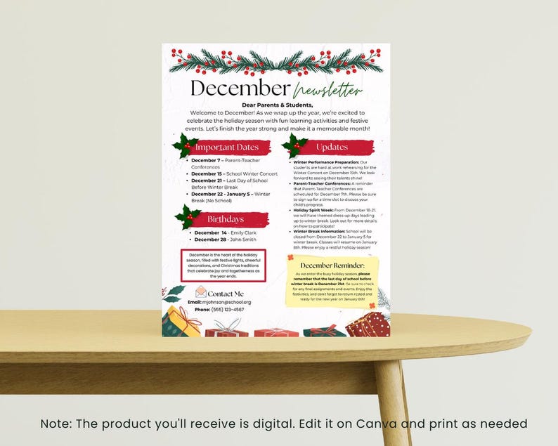 December School Newsletter Template for Daycare Christmas Theme ...
