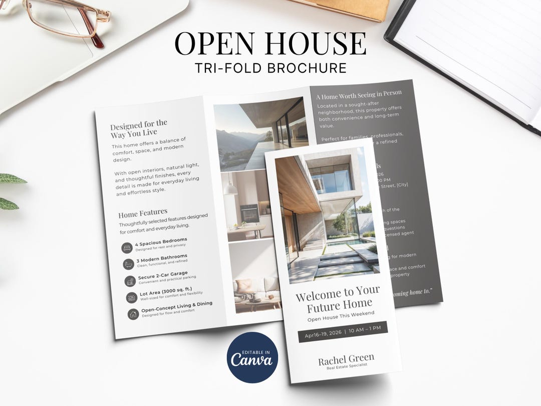 Open House Trifold Brochure Canva Template for Real Estate Agents ...