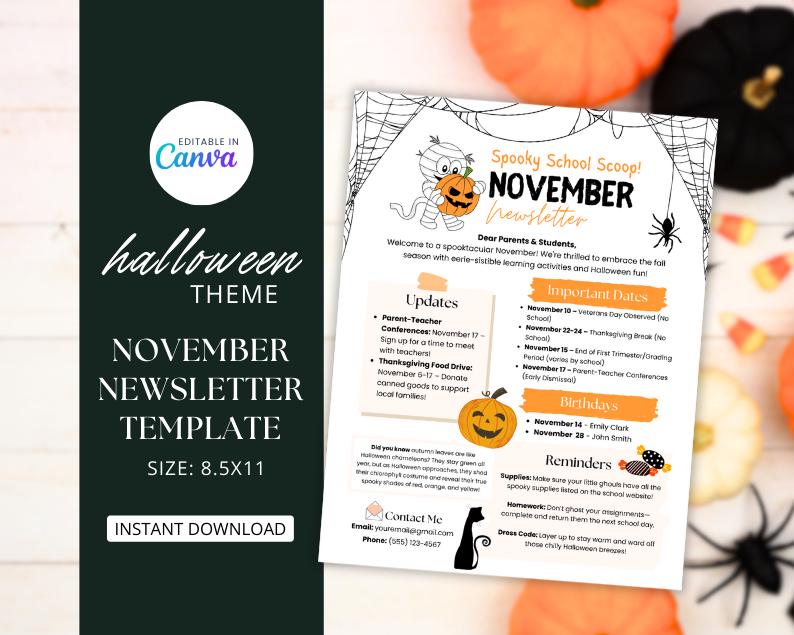 November School Newsletter Template Halloween Theme, Printable Monthly ...