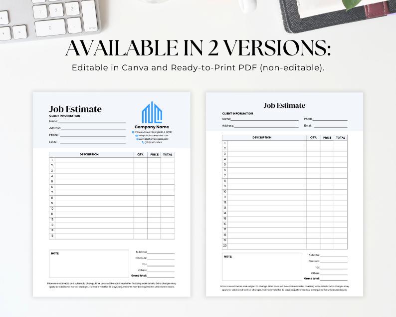 Job Estimate Template, Printable Job Estimate Template PDF, Editable ...