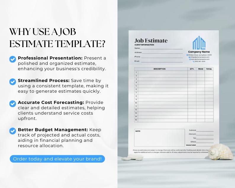 Job Estimate Template, Printable Job Estimate Template PDF, Editable ...