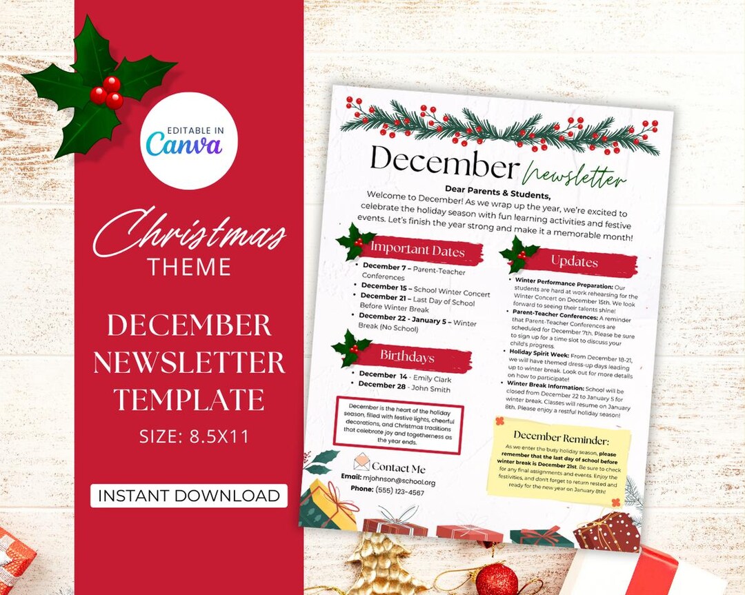 December School Newsletter Template for Daycare Christmas Theme ...