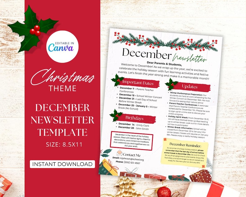 December School Newsletter Template for Daycare Christmas Theme ...