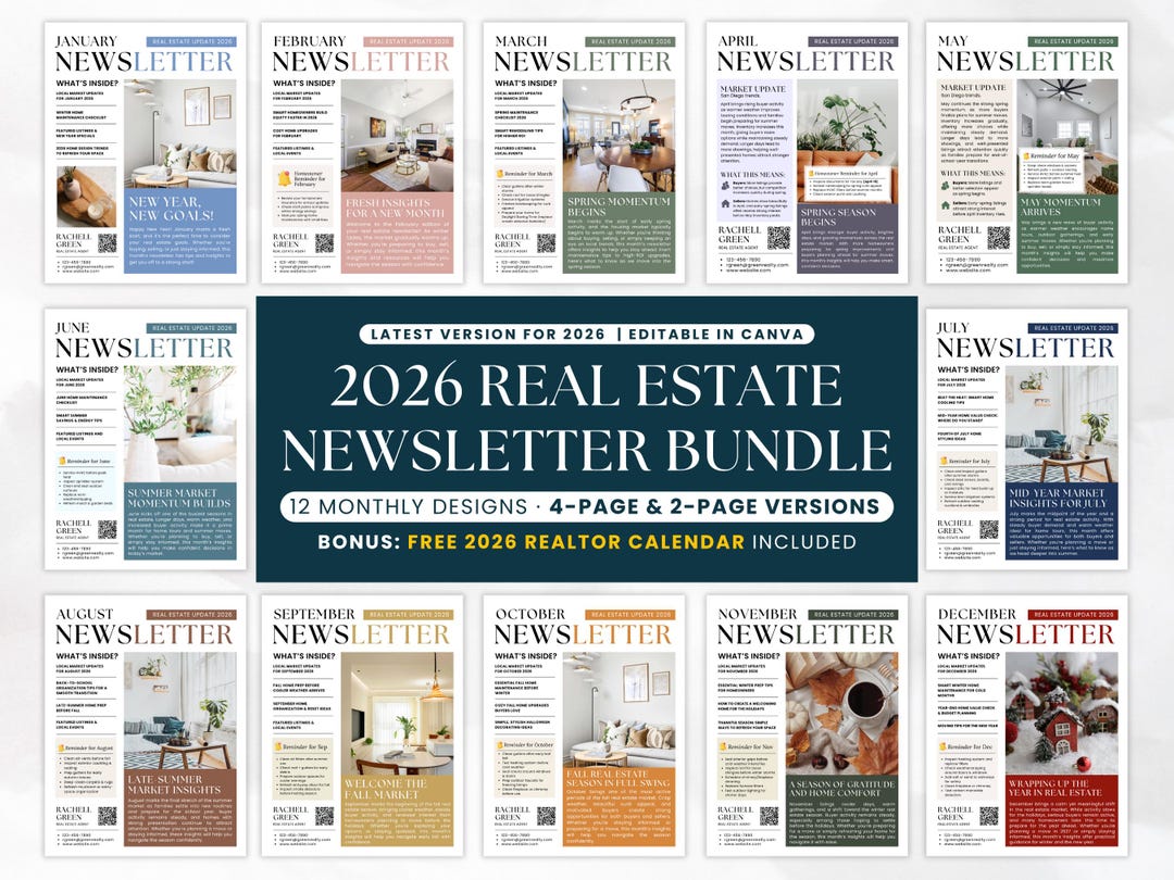 2026 Real Estate Newsletter Template Bundle, Year Long Editable Canva ...