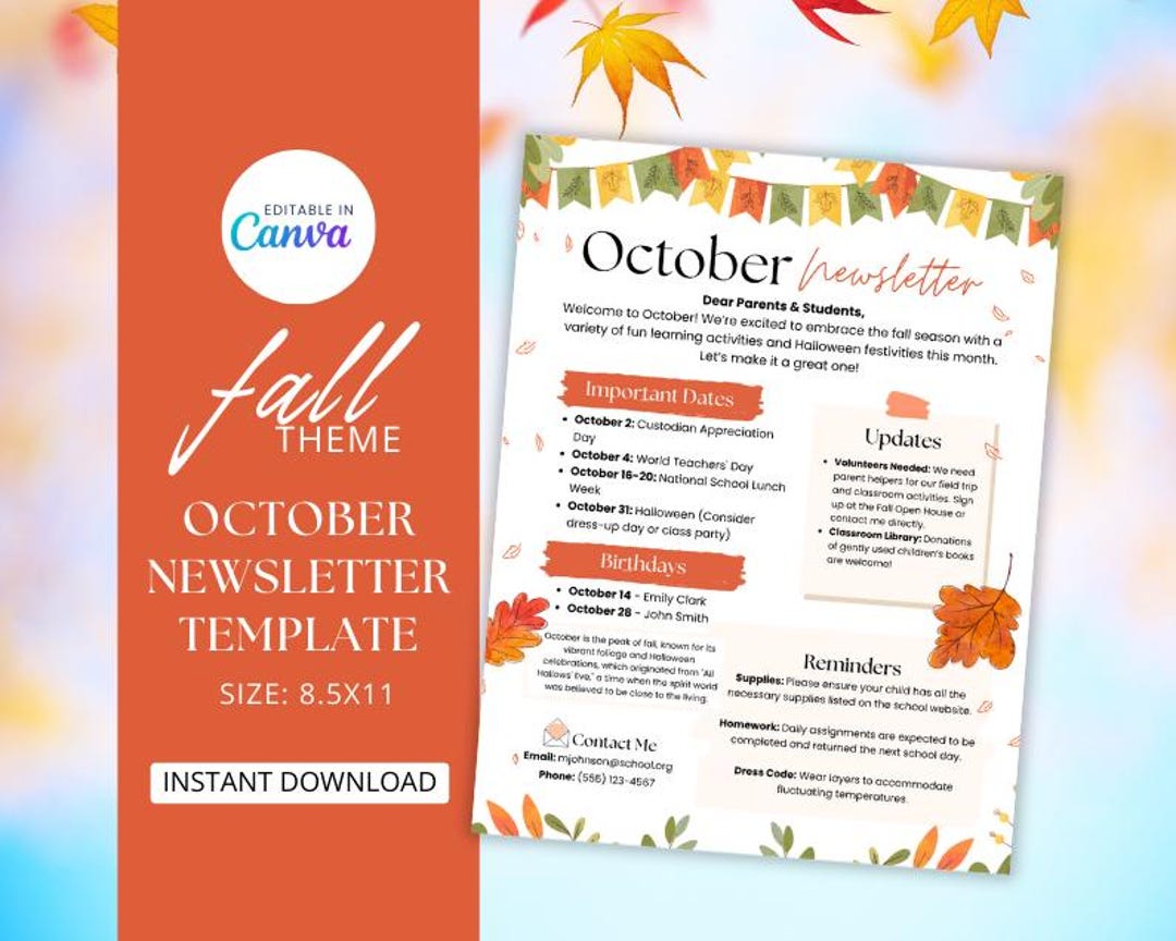 October School Newsletter Template Fall Theme, Printable Monthly ...