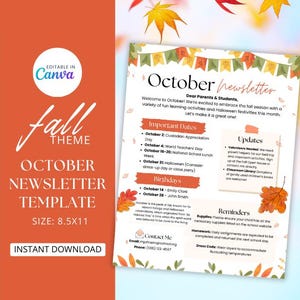 October School Newsletter Template Fall Theme, Printable Monthly ...