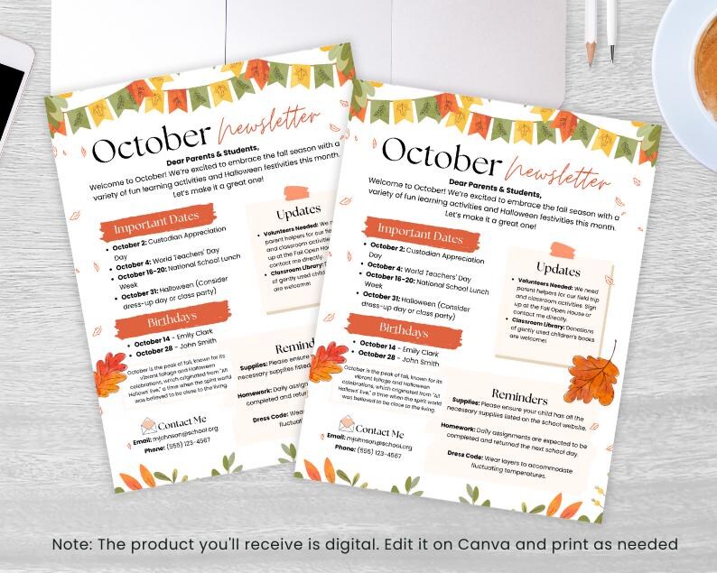 October School Newsletter Template Fall Theme, Printable Monthly ...