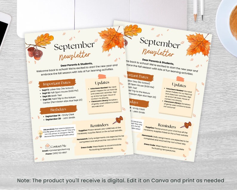 September School Newsletter Template Fall Theme, Printable Monthly ...