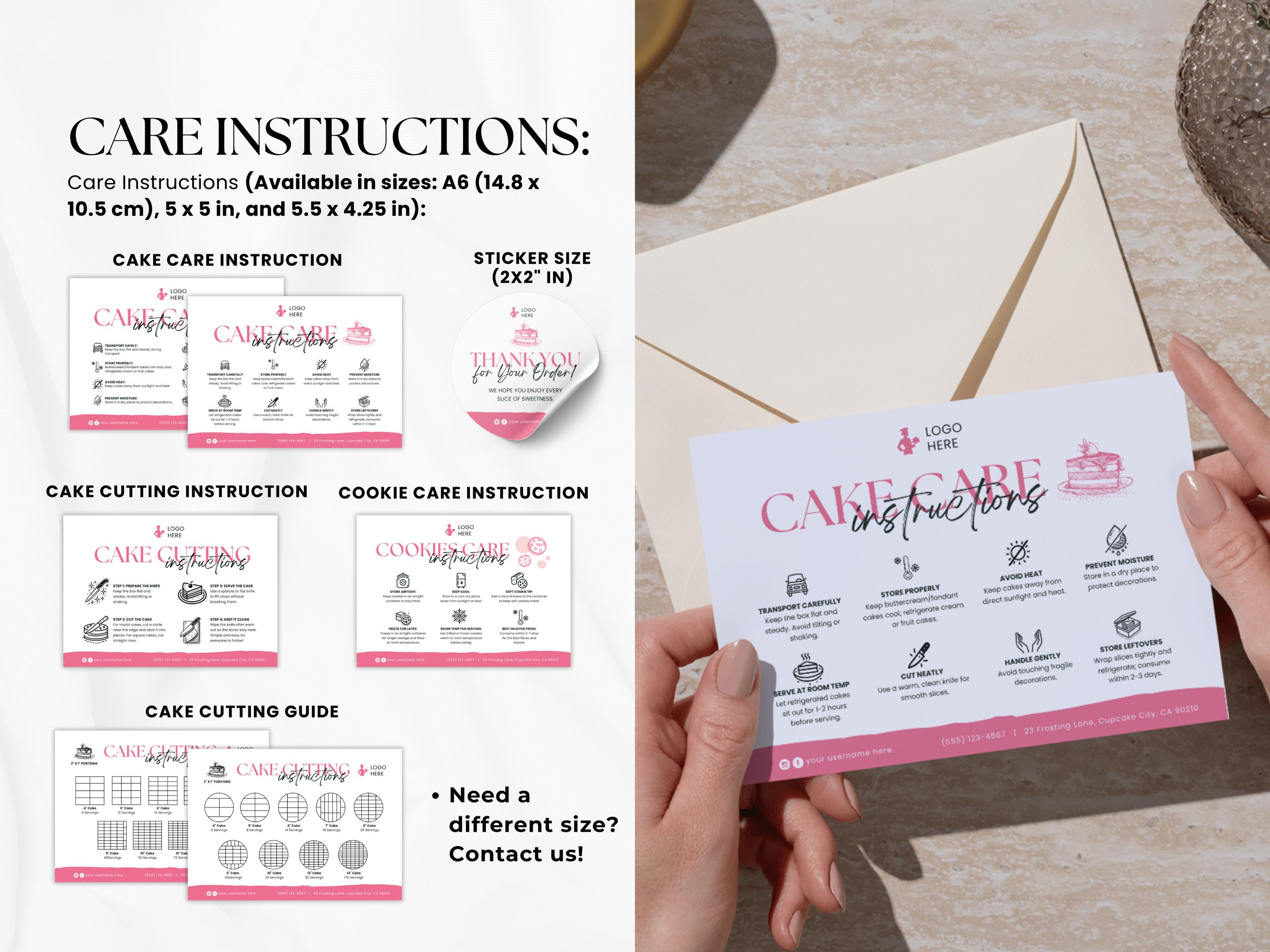 Cake Care Card Bundle, Cake Business Template Bundle, Home Bakery ...